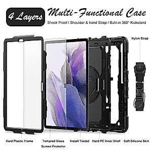 BASE MALL Tablet Case for Samsung Galaxy Tab S8 Plus 2022/S7 FE/S7 Plus 5G 12.4-inch [with Tempered Glass Screen Protector], [Shockproof],Rotatable Kickstand,S Pen Holder,Hand/Shoulder Strap (Black)