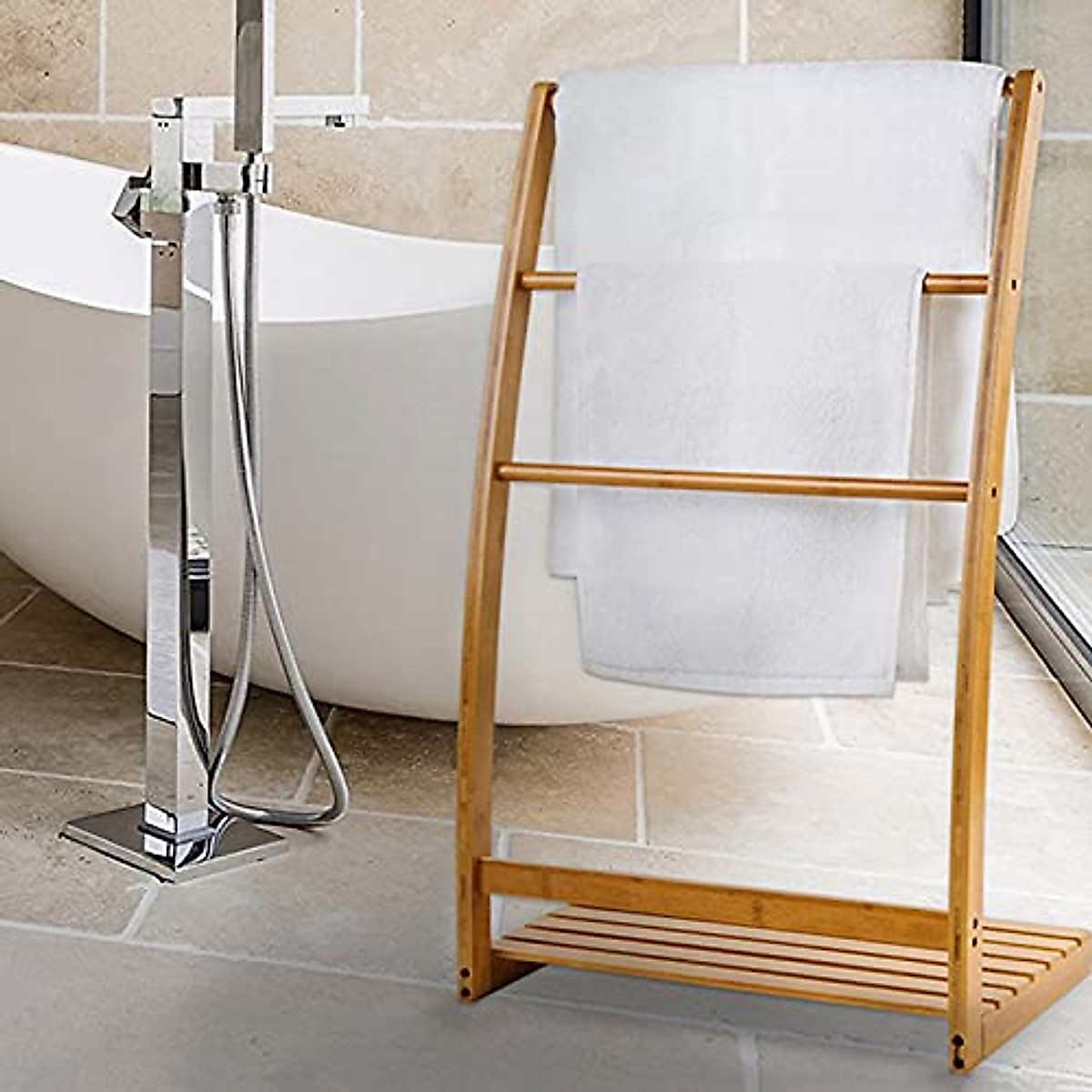 Household items Bamboo Towel Rack Holder for Bathrooms,Freestanding Beach Towel & Poolside Rack with Bottom Storage Shelf,Quilt Rack Stand or Blanket Rack for Living Room or Bedroom