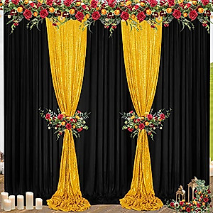 10x10 ft Black Backdrop Curtains and 10x4 ft Gold Sequin Backdrop Curtains, Black and Gold Backdrop Curtains for Parties, Wrinkle Free Backdrop Drapes for Wedding Birthday, 4 Panels