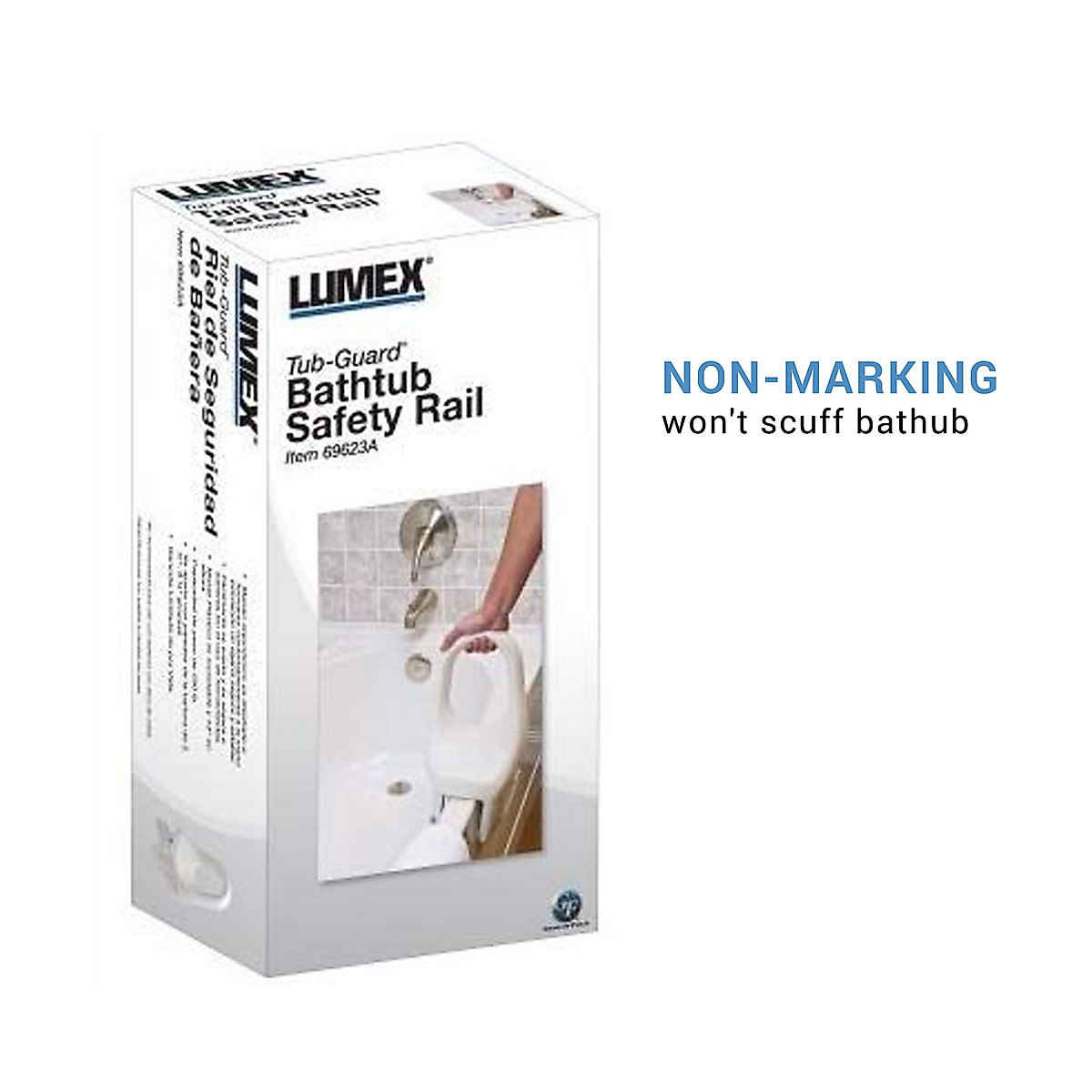 Lumex Tub-Guard Bathtub Safety Rail - Tool-Free Installation and Removal - 12" Tall, White, 69623A-1