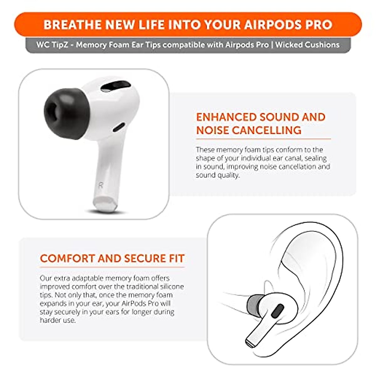 WC TipZ - Upgraded Memory Foam Ear Tips for Airpods Pro Made by Wicked Cushions | Improved Comfort, Tighter Seal, Better Foam Rebound Time | Fits Perfectly in Charging Case | Pitch Black