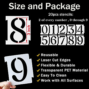 YEAJON 3 Inch Curb Stencil Kit 0-9 Address Number Stencil, 20Pcs Reusable 14 Mil Mylar Plastic Numbers Stencils for Painting on Road, Wall, Wood, Mailbox