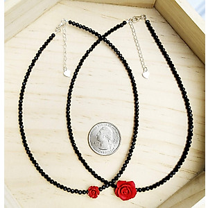 CF100 Black Choker With Red Rose, 925 Sterling Silver Black Spinel Beads Flower Red Rose Choker 13+2” (Red Rose