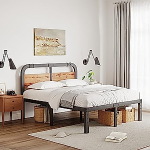 Aardhen Queen Size Bed Frame 14 Inch Rustic Wood Headboard, Heavy Duty Steel Slats Support, Easy Assembly, No Box Spring Needed, Quiet and Sturdy