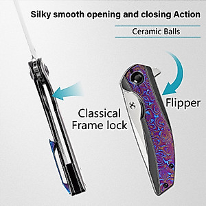 KANSEPT Accipiter Pocket Folding Knives EDC Camping Folding Knife 3.36'' Satin CPM S35VN Blade Pocket Folding Knife with Black Anodized Titanium + Timascus Handle Everyday Carry K1007E3