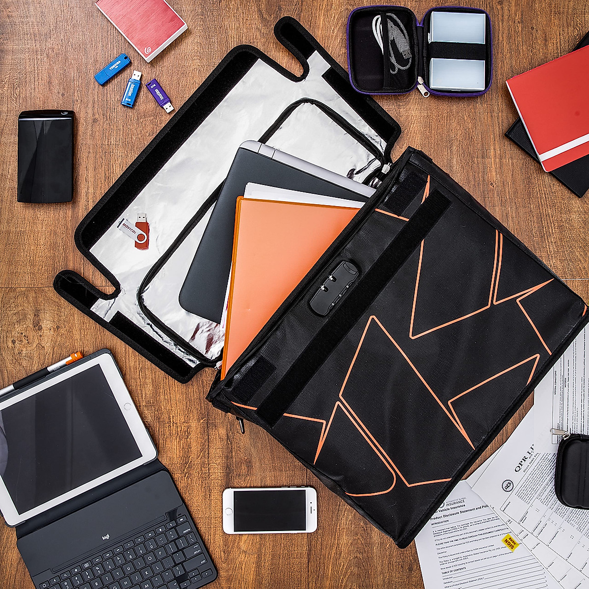 FLAYPAL Fireproof and Waterproof Document Bag with Lock and Interior Zipper Pouch. U.S Patented Fully Enclosed Bag Design. Fire Safe Storage for Important Documents, Files & Valuables, 16"x12.6"x6.5"