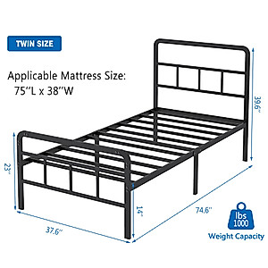 HOBINCHE Twin Size Metal Bed Frame with Headboard and Footboard, 14 Inch Black Heavy Duty Mattress Foundation with Steel Slat Support, No Box Spring Needed, Noise Free