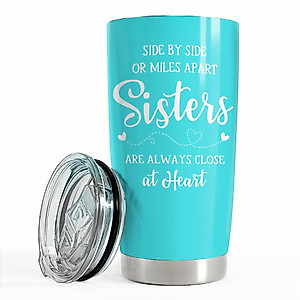 SANDJEST Sister Birthday Gifts from Sister Tumbler Side by Side Close At Heart - 20 oz Silk Printing Mint Stainless Steel Insulated Travel Mug | Christmas Tumblers Gifts from Brothers, Sisters