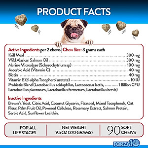 Forza10 Dog Skin and Coat Supplement with Omega 3 Fish Oil Dogs, Provides Dog Allergy Relief, Salmon Flavor Dog Vitamins & Supplements for Itchy Skin Relief, Dog Allergy Chews with Probiotics, 90 Ct.