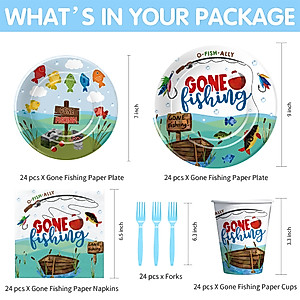 Xenorik Gone Fishing Party Decorations Tableware - Fish Fishing Birthday Party Supplies, Paper Plate, Cup, Napkin, Fork, Little Fisherman Fishing Birthday Baby Shower Table Decorations | Serve 24
