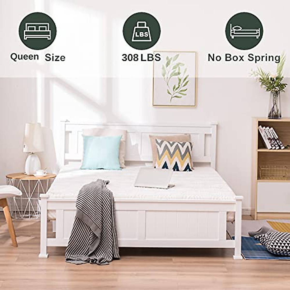 Bonnlo Queen Platform Bed Frame with Headboard, Wood Bed Frame, No Box Spring Needed, White