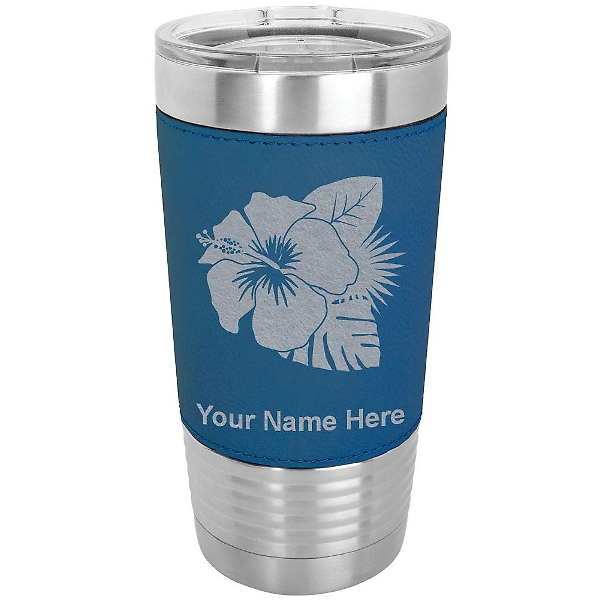 LaserGram 20oz Vacuum Insulated Tumbler Mug, Hibiscus Flower 2, Personalized Engraving Included (Faux Leather, Blue)