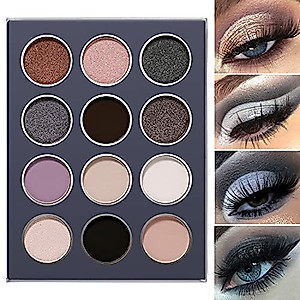 Smokey Grey Eyeshadow Palette, DE’LANCI Professional Black Silver Gray Goth Neutral Matte Shimmer 12 Shades, Subtle Eyes Shadows Makeup Pallet, High Pigmented Waterproof Small and Cute Makeup Pallete