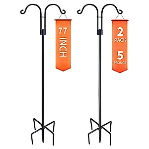 Double Shepherds Hooks for Outdoor, 2-Pack Heavy Duty Two Sided Garden Pole for Hanging Bird Feeder, Plant Baskets, Solar Light Lanterns, Garden Plant Hanger Stands with 5 Base Prongs （77 inch）