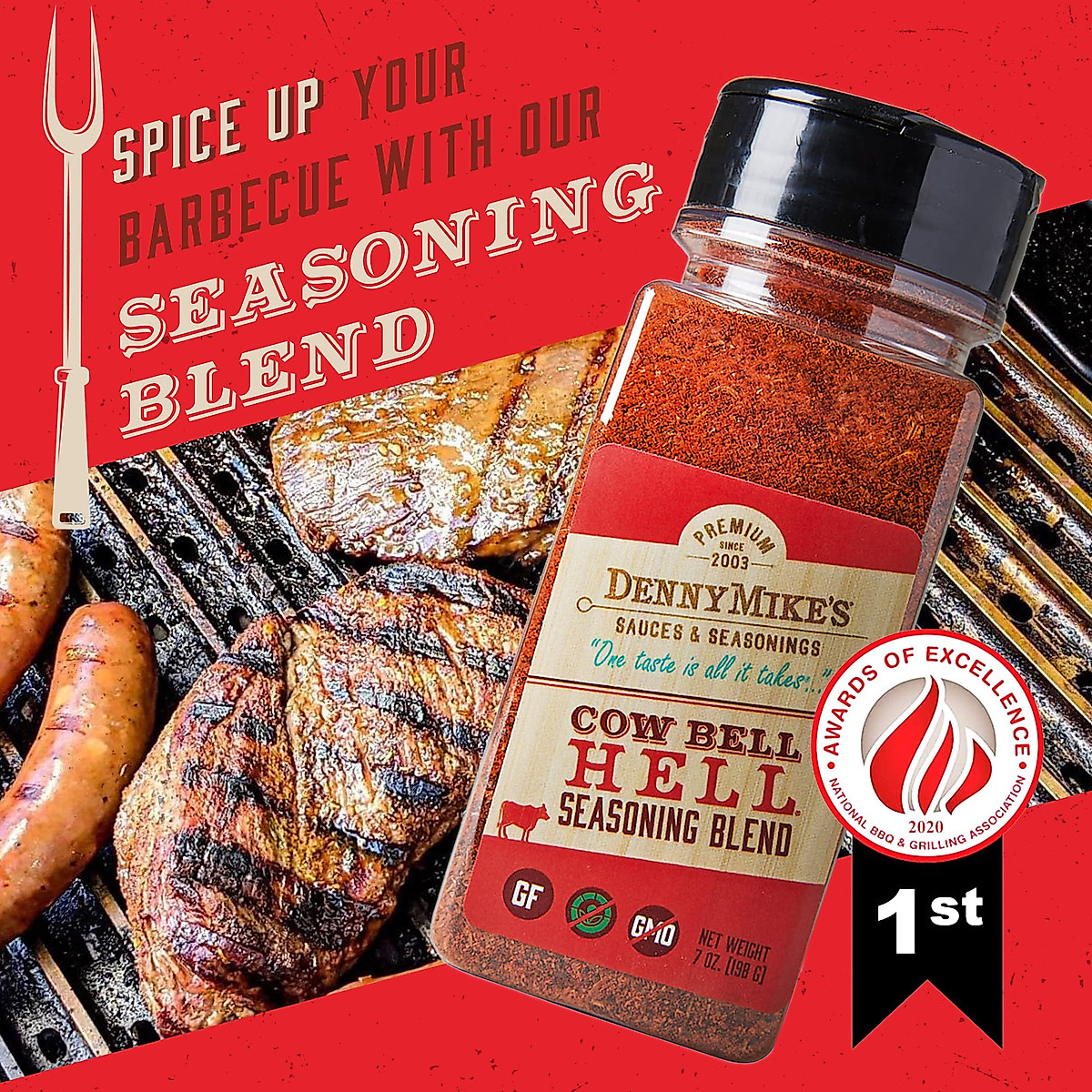 Premium Barbeque Rub Meat Seasoning Mix | Award Winning Dry Rub For BBQ Smoking Grilling Gluten-Free Grilling | Spice Smoke Seasoning- DennyMike's Cow Bell Hell - 7oz Shaker Pack