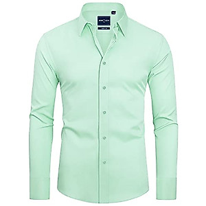 Alimens & Gentle Men's Dress Shirts Slim Fit Button Down Shirts Long Sleeve Stretch Wrinkle-Free Shirt Stain Sheild Grass Green