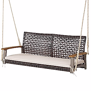 Happygrill 2-Seat Rattan Porch Swing Chair, Outdoor Wicker Swing Bench with Seat Cushion & Acacia Wood Armrests, Two 118” Hanging Ropes Included, Patio Hanging Swing Chair for Front Porch Backyard