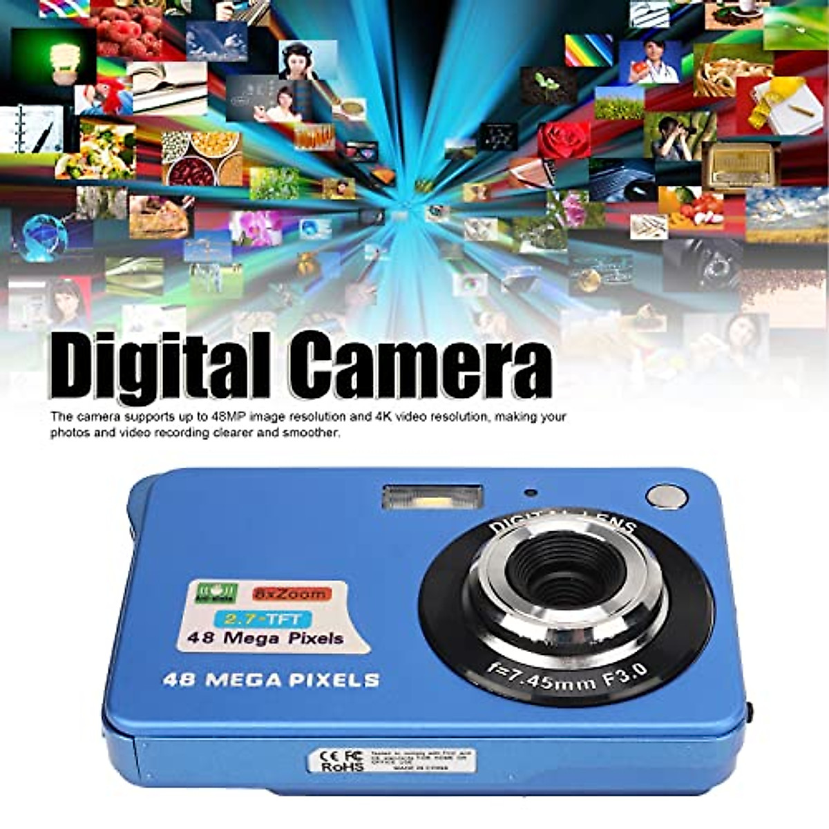 4K Digital Camera, 2.7 Inch Vlogging Camera, 48 Megapixels, LCD Display, 8X Zoom Stabilization, Supports Up to 128gb, Great Gift for Students, Teens, Adults, Girls, Boys (Blue)