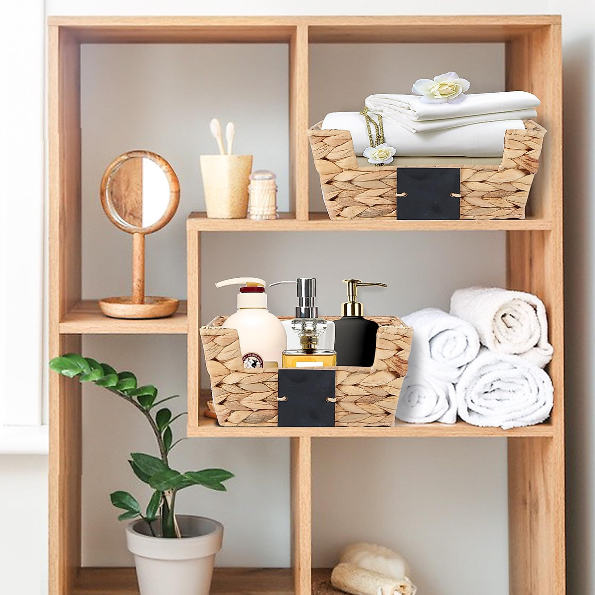 OUTBROS Storage Box Hand-Woven Wicker Storage Baskets, Multipurpose Open-Front Bin, Shelf Nesting Baskets, Desktop Makeup Organizer Container with Built-In Carry Handles, Water Hyacinth