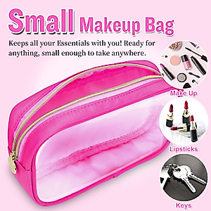 Small Clear Travel Makeup Organizer Bag for Purse, Preppy Makeup Bag Cute Cosmetic Zipper Pouch Purse, Transparent PVC & Nylon Waterproof Toiletry Storage Clutch Coin Pouch for Women Girls(Hot Pink)