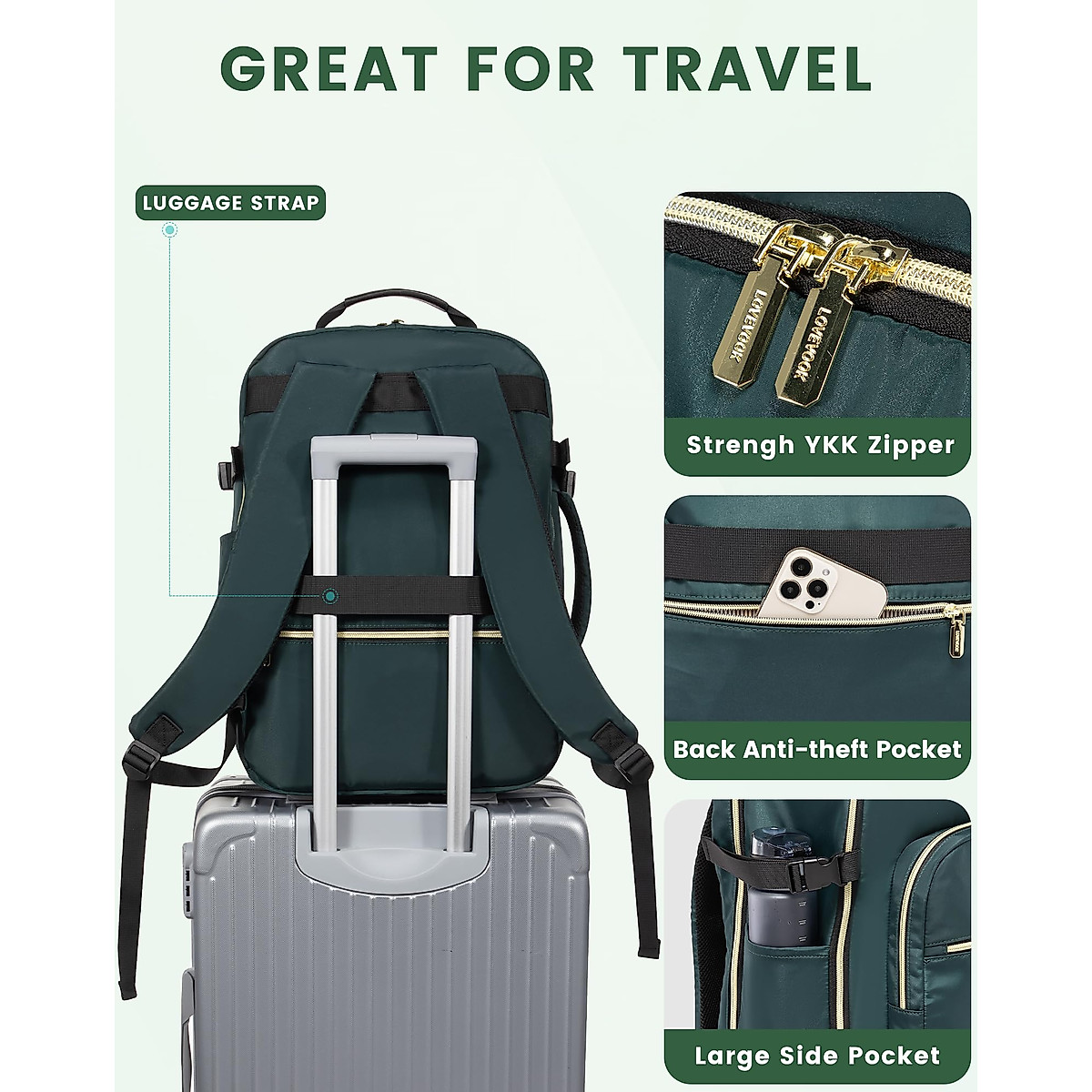 LOVEVOOK Travel Carry on Backpack as Personal Item Flight Approved for Men, 40L Waterproof Large 17inch Laptop Luggage Daypack Business Weekender Overnight with 3 Packing Cubes, Green