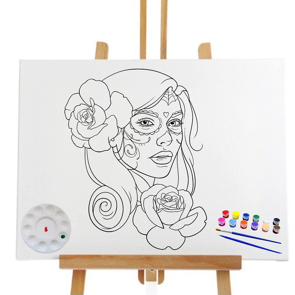 Essenburg Pre Drawn Canvas Paint Kit | Teen, Kids and Adult Sip and Paint Party Favor | DIY Date Night Couple Activity| Canvas Boards for painting| LADY OF THE DEAD (S 8x10 CANVAS ONLY)