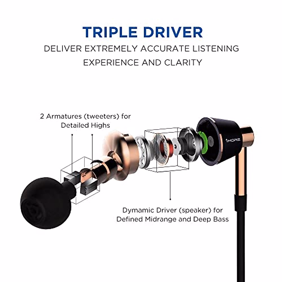 1MORE Triple Driver In-Ear Earphones Hi-Res Headphones with High Resolution, Bass Driven Sound, MEMS Mic, In-Line Remote, High Fidelity for Smartphones/PC/Tablet - Gold