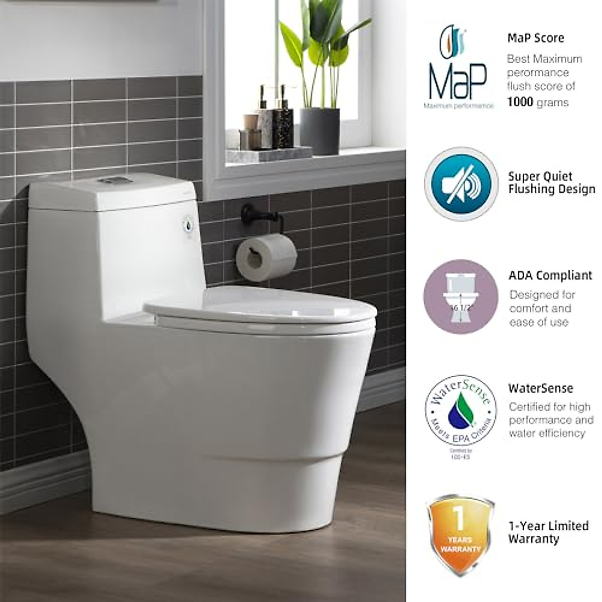 WOODBRIDGEE One Piece Toilet with Soft Closing Seat, Chair Height, 1.28 GPF Dual, Water Sensed, 1000 Gram MaP Flushing Score Toilet with Brushed Gold Button T0001-BG, White