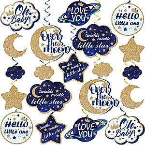 Twinkle Twinkle Little Star Baby Shower Decorations Hanging Swirls, 40 Pcs NO-DIY Over The Moon Baby Shower Decorations, Moon and Stars Baby Shower Whirls Glitter Foil Ceiling Swirls