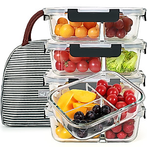 DAS TRUST 5 Pack 36oz Bento Box Glass Meal Prep Containers 3 Compartment Glass Food Storage Containers with Lids Meal Prep Bowls Lunch Box Glass Food Prep Containers Lunch Container Oven Safe