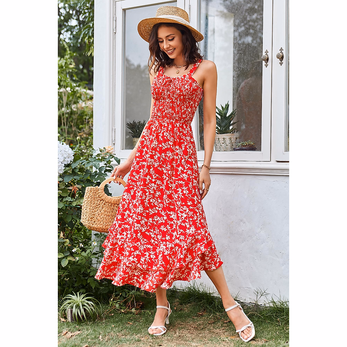 GRACE KARIN Women's 2025 Summer Floral Boho Dress Square Neck Strapped Swing A Line Sundress Beach Long Maxi OutfitsRed L