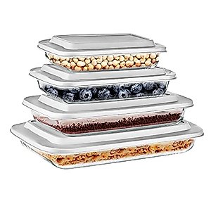 SereneLife Rectangular Glass Bakeware Set - 4 Sets of High Borosilicate with PE Lid, Heat-Resistant, Non-Slip Design, Convenient to Use & Easy to Clean, Elegant Design, Color White - SL4PBK22