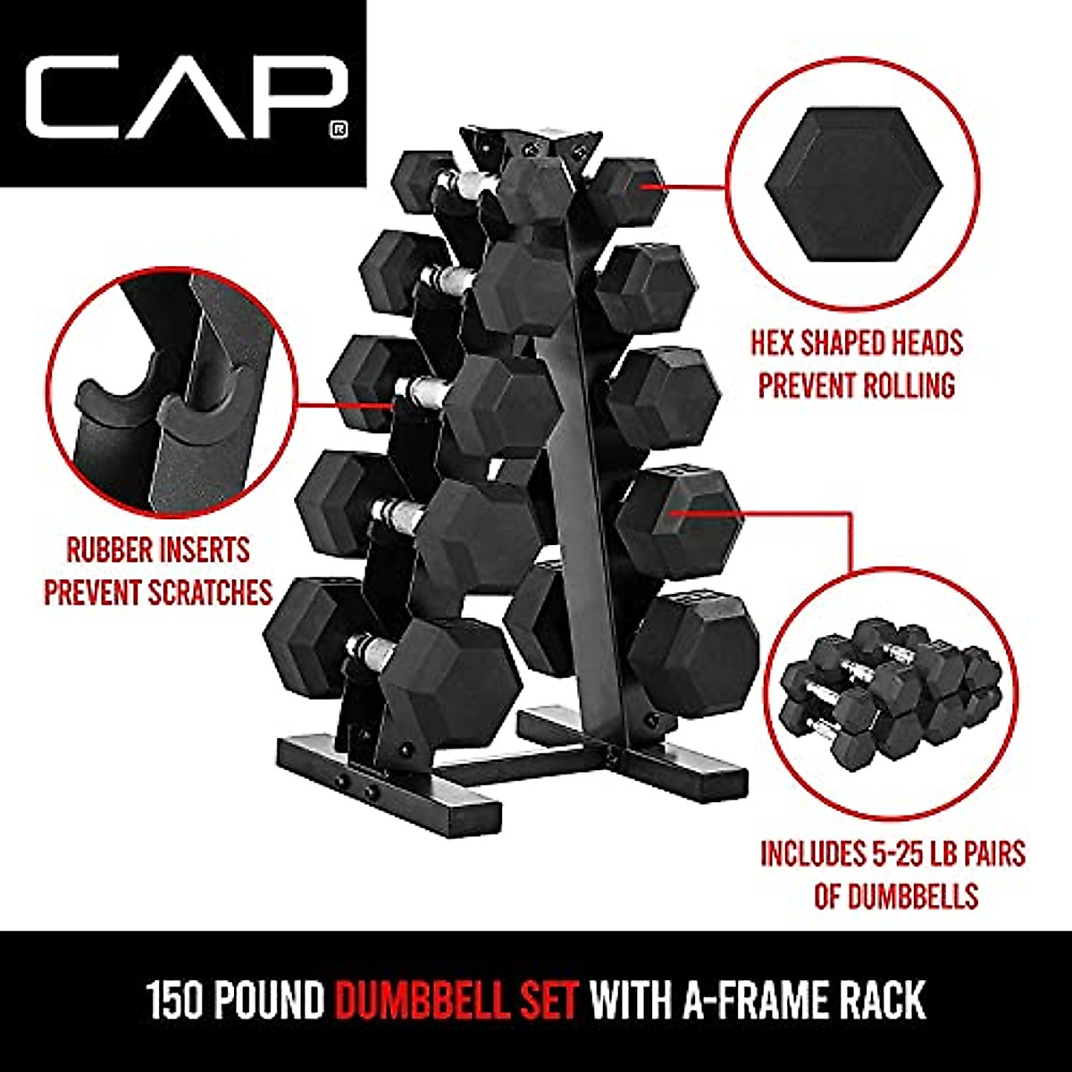 WF Athletic Supply 5-25Lb Rubber Coated Hex Dumbbell Set with A Frame Storage Rack Non-Slip Hex Shape for Muscle Toning, Strength Building & Weight Loss, Charcoal Rack