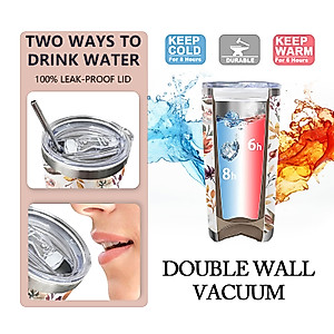 Zzkol Fall Maple Leaves Flower Tumbler with Lid and Straw, Autumn Rose Floral Stainless Steel Travel Coffee Cup, 20oz Farmhouse Double Wall Vacuum Insulated Mug Thanksgiving Gifts