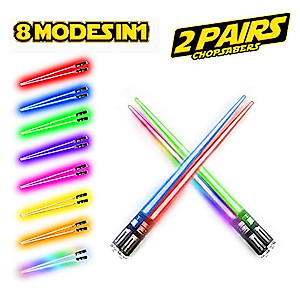 LIGHTSABER CHOPSTICKS LIGHT UP STAR WARS LED Glowing Light Saber Chop Sticks REUSABLE Sushi Lightup Sabers Bright LEDs - 8 Color Modes - 2 Pairs