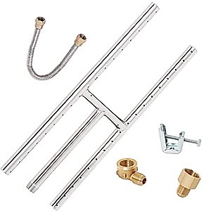 H Burner for Gas Fireplace - 18 × 6" - Non-Whistle Stainless Steel Flexible Flex Gas Line - with Connection Kit, for Fireplaces, Fire Pit & Indoor Outdoor Natural Gas Fire Table