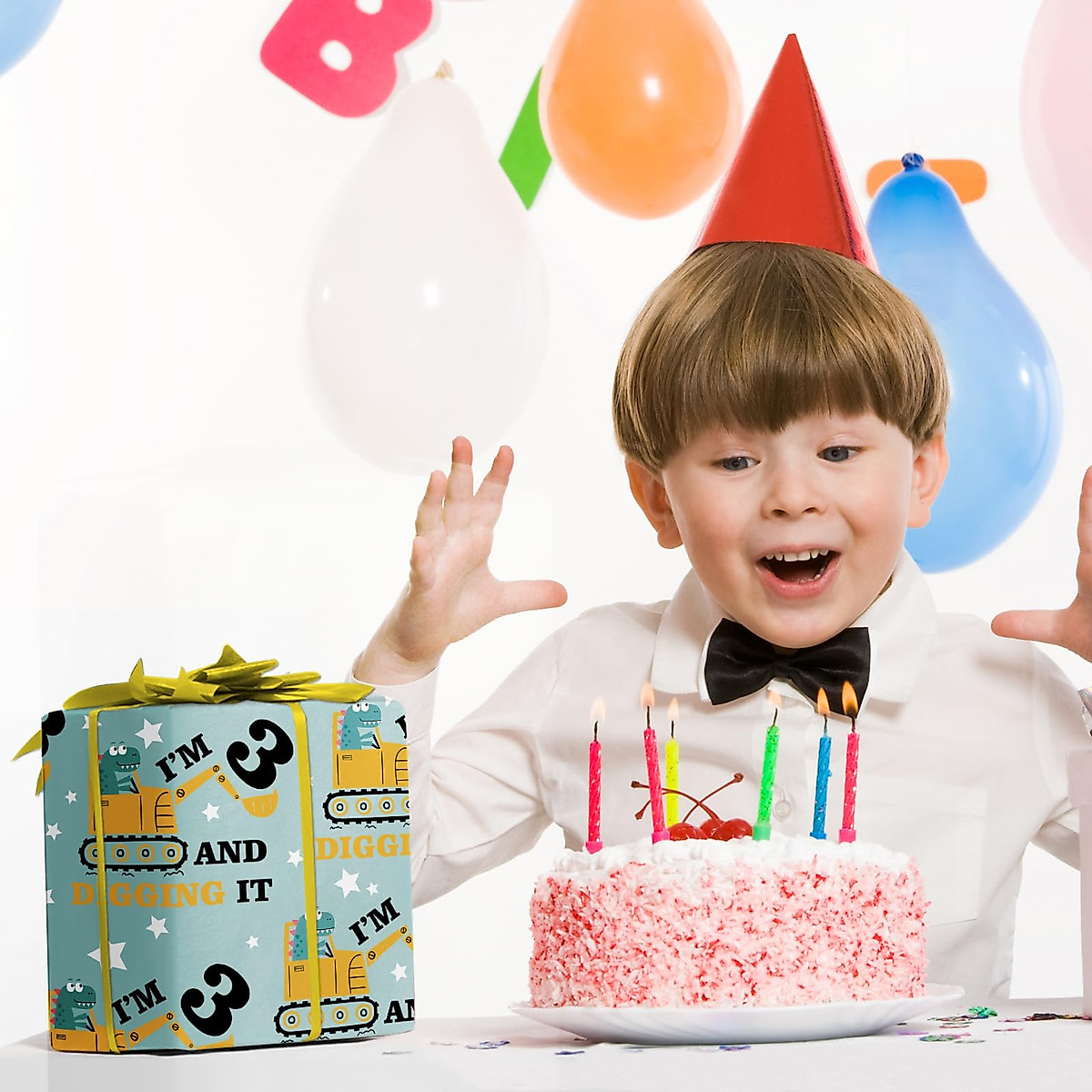 WRAPAHOLIC 3rd Birthday Wrapping Paper Sheet - 6 Sheets Adorable Dinosaurs Driving Digger Design Folded Flat for Birthday, Party, Baby Showers - 19.7 Inch X 27.5 Inch Per Sheet