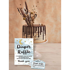 Diaper Raffle Baby Shower Game Set(1 Standing Sign + 50 Guessing Cards), Moon and Stars Diaper Raffle Tickets for Baby Shower, Twinkle Twinkle Little Star Baby Shower Party Favor Decor - B08