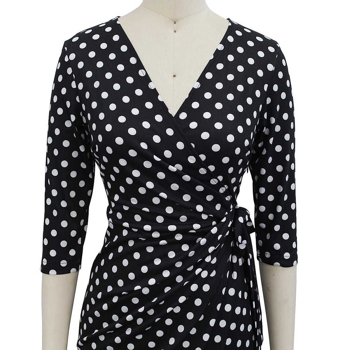 Berydress Women's Classic 3/4 Sleeve V Neck Sheath Casual Party Work Faux Black Wrap Dress (L, 6083-Black Dot)