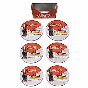 The Tin Box Company Coke 6 pc Coaster Set with Standing Metal Holder, Red