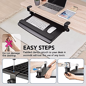 EHO Clamp-On Retractable Adjustable Keyboard Tray, Under Desk Ergonomic Keyboard Tray - Easy Tool-Free Install - Small with Wrist Rest for Enhanced Typing Comfort, Space-Saving, Surface 20" x 11.5"