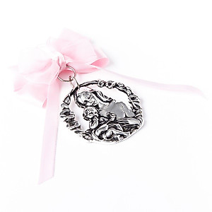 The Holy Virgin Mary and her Son, Jesus Catholic Crib Medal with Satin Ribbon. Perfect Baptism Gifts for Babies, Christening Gifts for Babies, Baby Shower and Baby Nursery Wall Decor. (Rose)