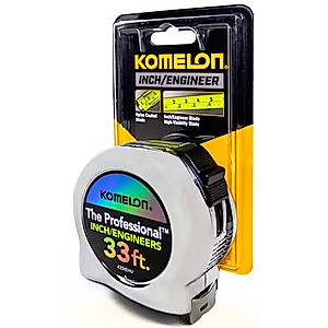Komelon 433IEHV High-Visibility Professional Tape Measure both Inch and Engineer Scale Printed 33-feet by 1-Inch, Chrome