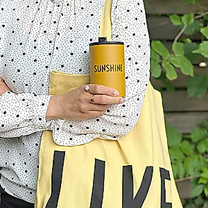 Design Letters Stainless Steel Travel Mug 12 Oz | Vacuum Insulated Tumbler | To Go Thermos Cup Leak Proof with Lid | Modern Travel Coffee Mug| Double Walled Coffee Thermos for Outdoor, Office, Mustard