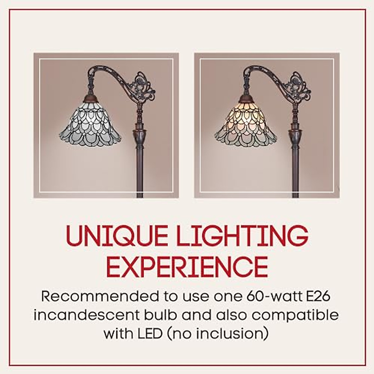 Amora Tiffany Floor Lamp Torchiere - Arched Style Peacock Floor Lamp - 62” Tall Peacock Floor Stained Glass Lamp - Tiffany Floor Lamps for Living Room