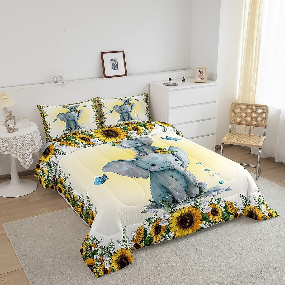 Erosebridal Gray Elephant Comforter Set Kawaii Room Decor,Cartoon Wildlife Woodland Animals Bedding Twin Set for Kids Girls Boys,Yellow Flowers Sunflower Down Comforter Blue Teal Butterfly Decor
