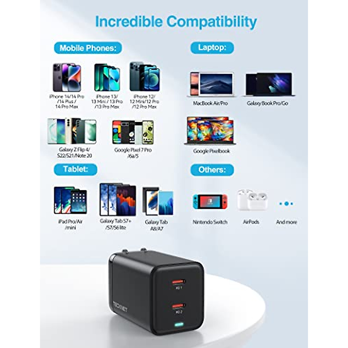 USB C Wall Charger, 45W Fast Charger TECKNET PD3.0 USB C Power Adapter Foldable Dual USB C Wall Charger Compatible with iPhone 14 Pro Max/14 Plus/13/12, iPad Pro, Pixel, Switch, Samsung Galaxy S23