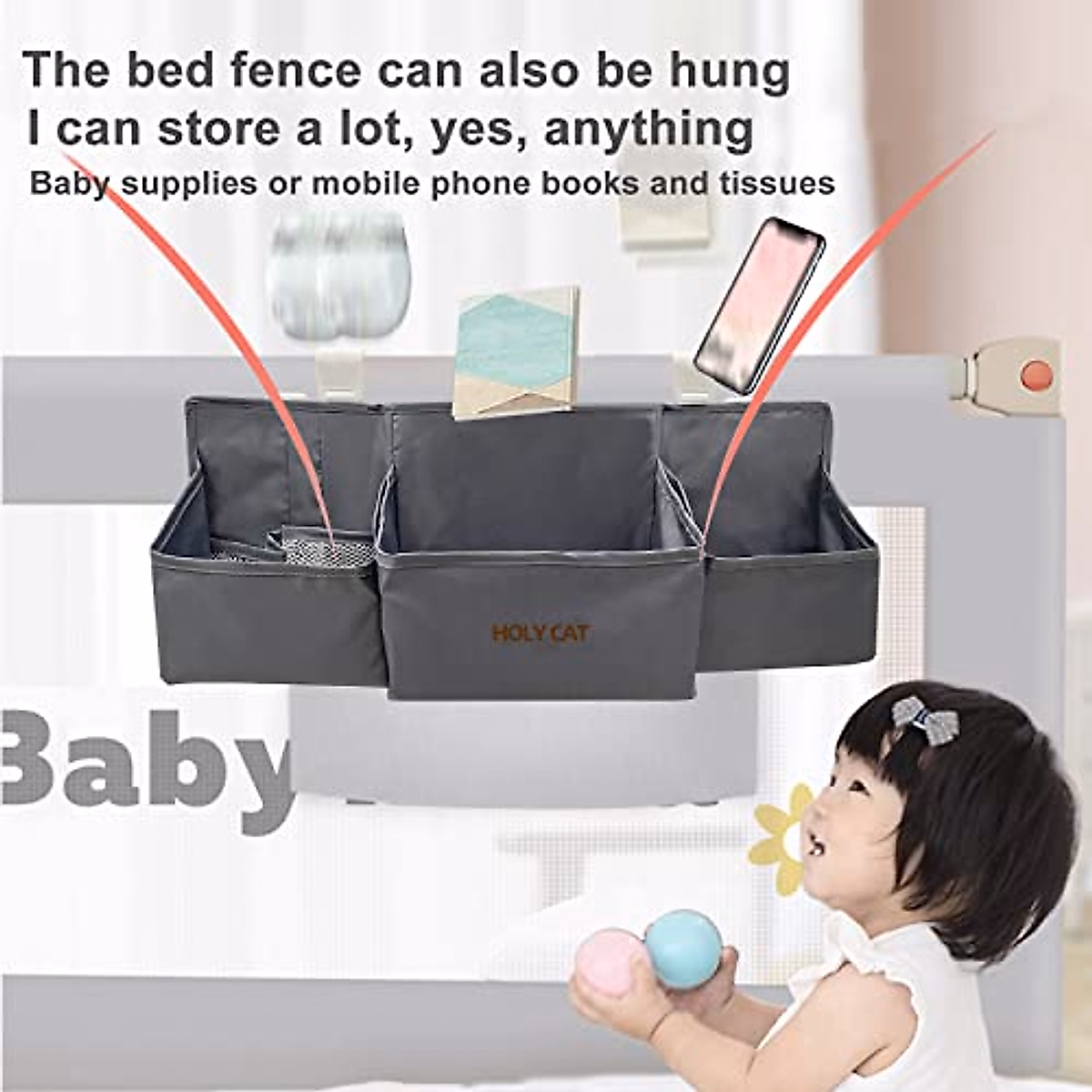 Holy Cat Hanging Baby Diaper Caddy Organizer with Paper Pocket for Changing Table Crib Playard Organization Nursery Organization Hanging Nursery-Grey…