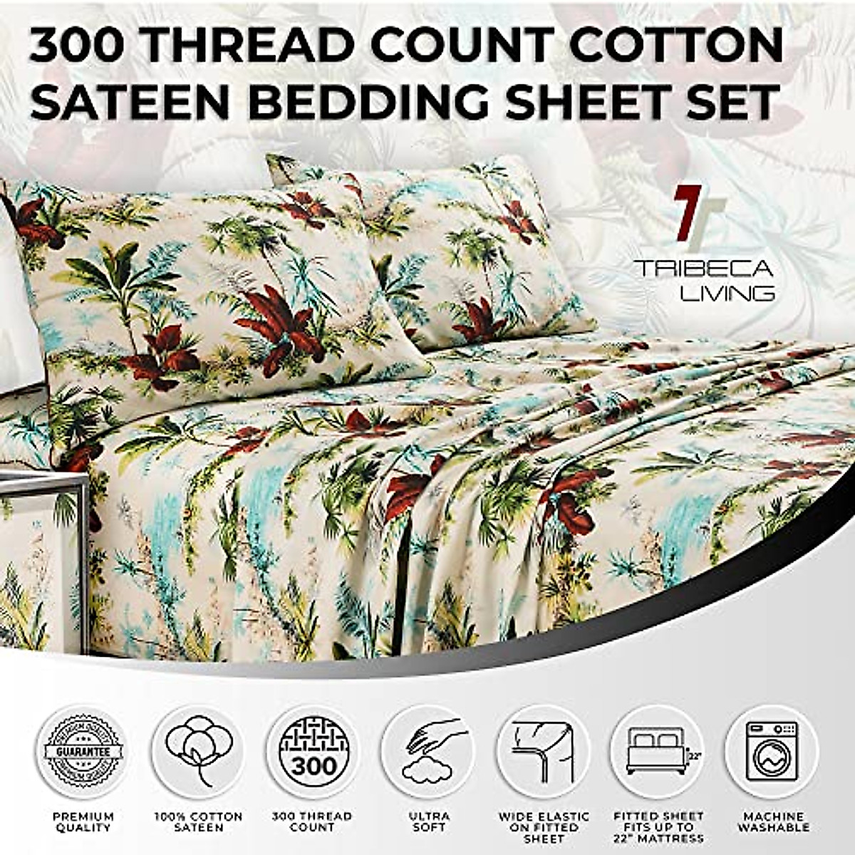 Tribeca Living Full Size Bed Sheet Set, Soft Cotton Sateen Printed Sheets Tropical Print, Extra Deep Pocket, 300 Thread Count, 4-Piece Bedding Sets, Paradise Island Multi, (PARASL4PSSFU)