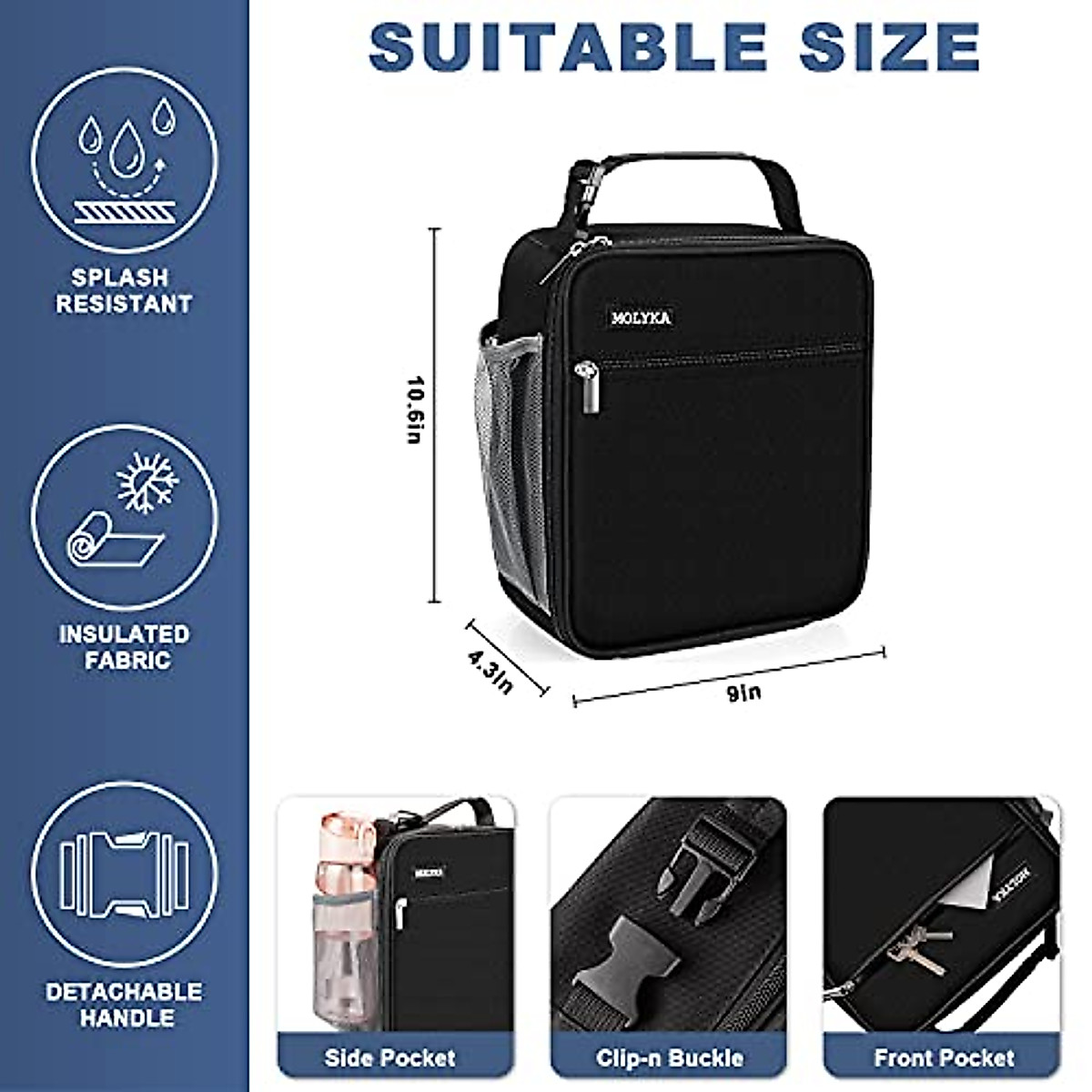 MOLYKA Lunch Bag - Insulated Lunch Box Durable Reusable Lunch Bag Adult Tote Bag for Men, Adults, Women (Black)